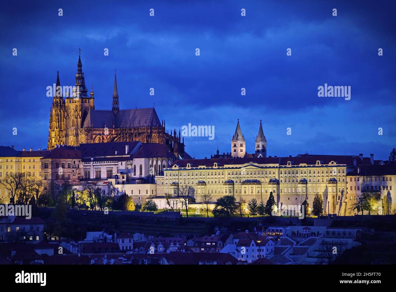 Prague Castle at nightfall, view from the roof over the historical ...