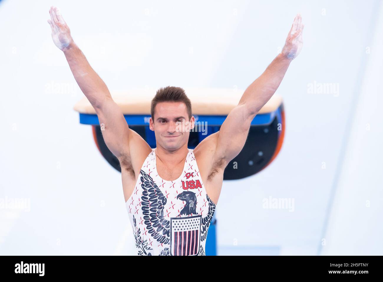 Tokyo, Japan. 24th July, 2021. Samuel Mikulak of United States salutes ...