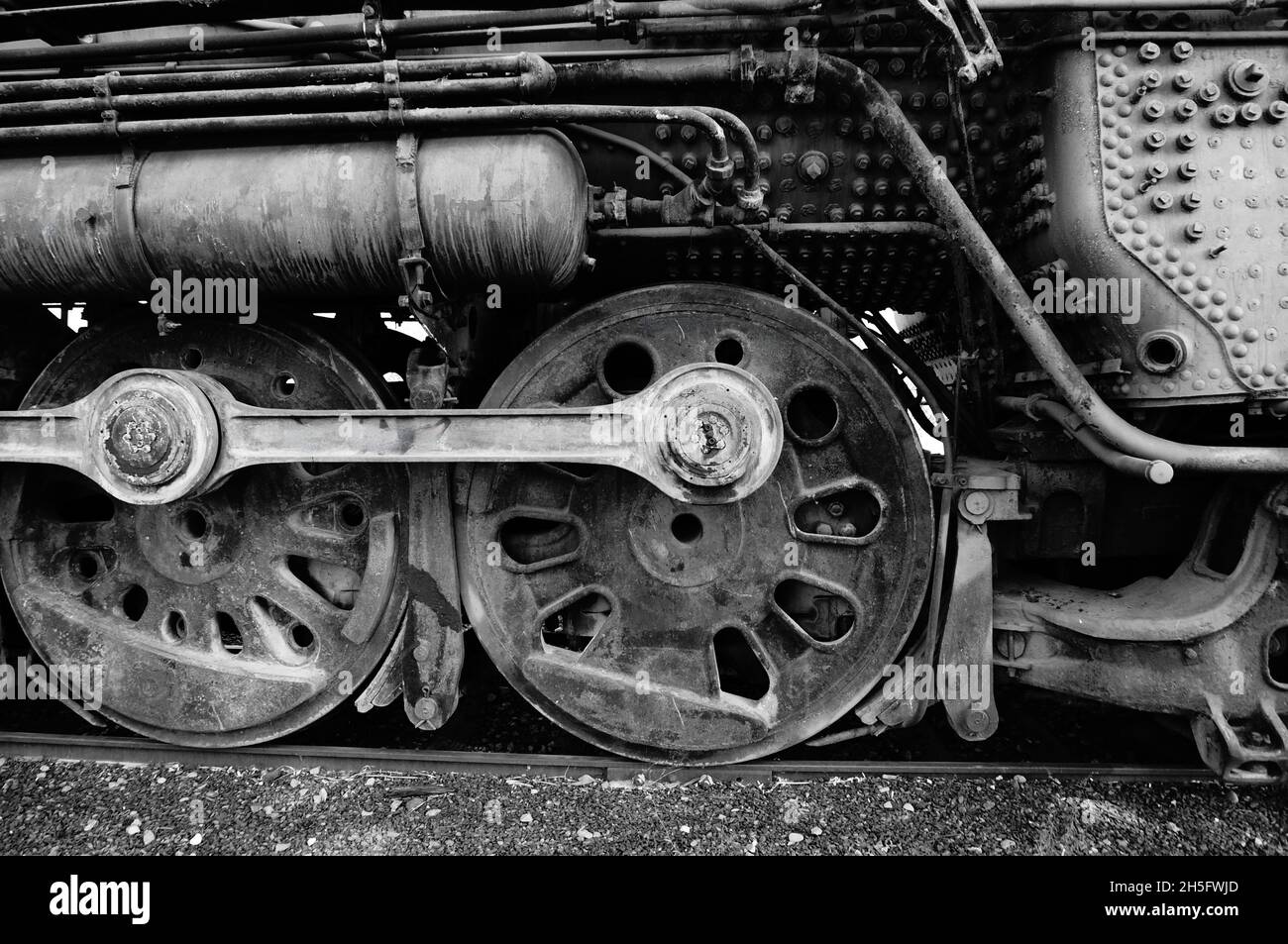 Grayscale of steam locomotive wheels Stock Photo - Alamy