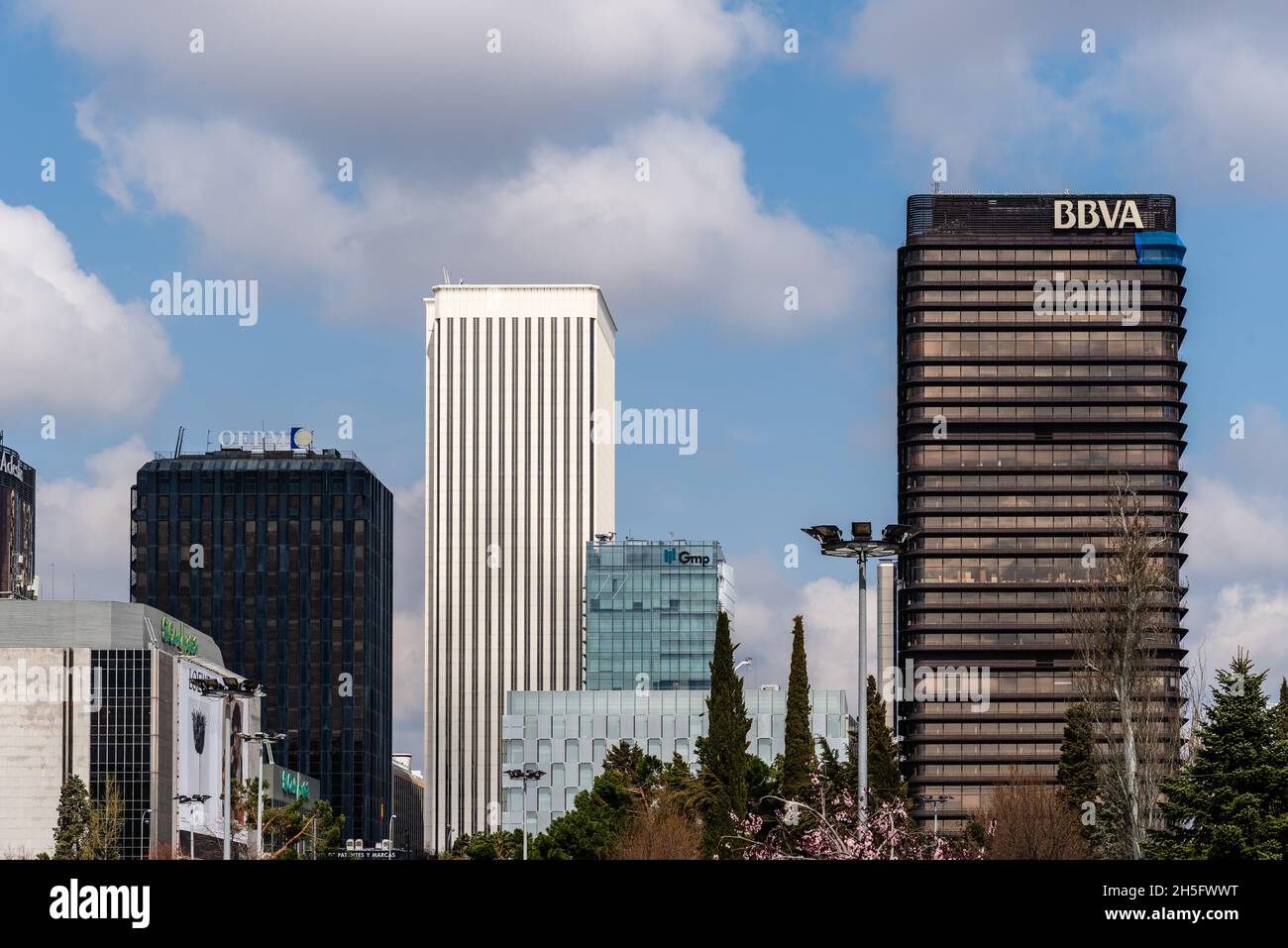 Madrid, Spain - March 7, 2021: Skyscrapers in AZCA financial district ...