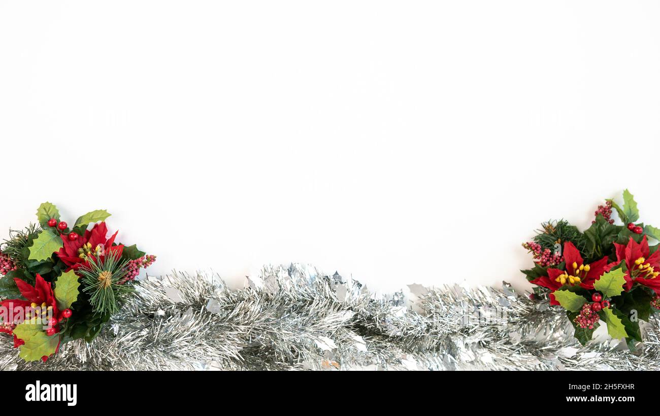 Beautiful silver tinsel christmas traditional decorations in winter ...