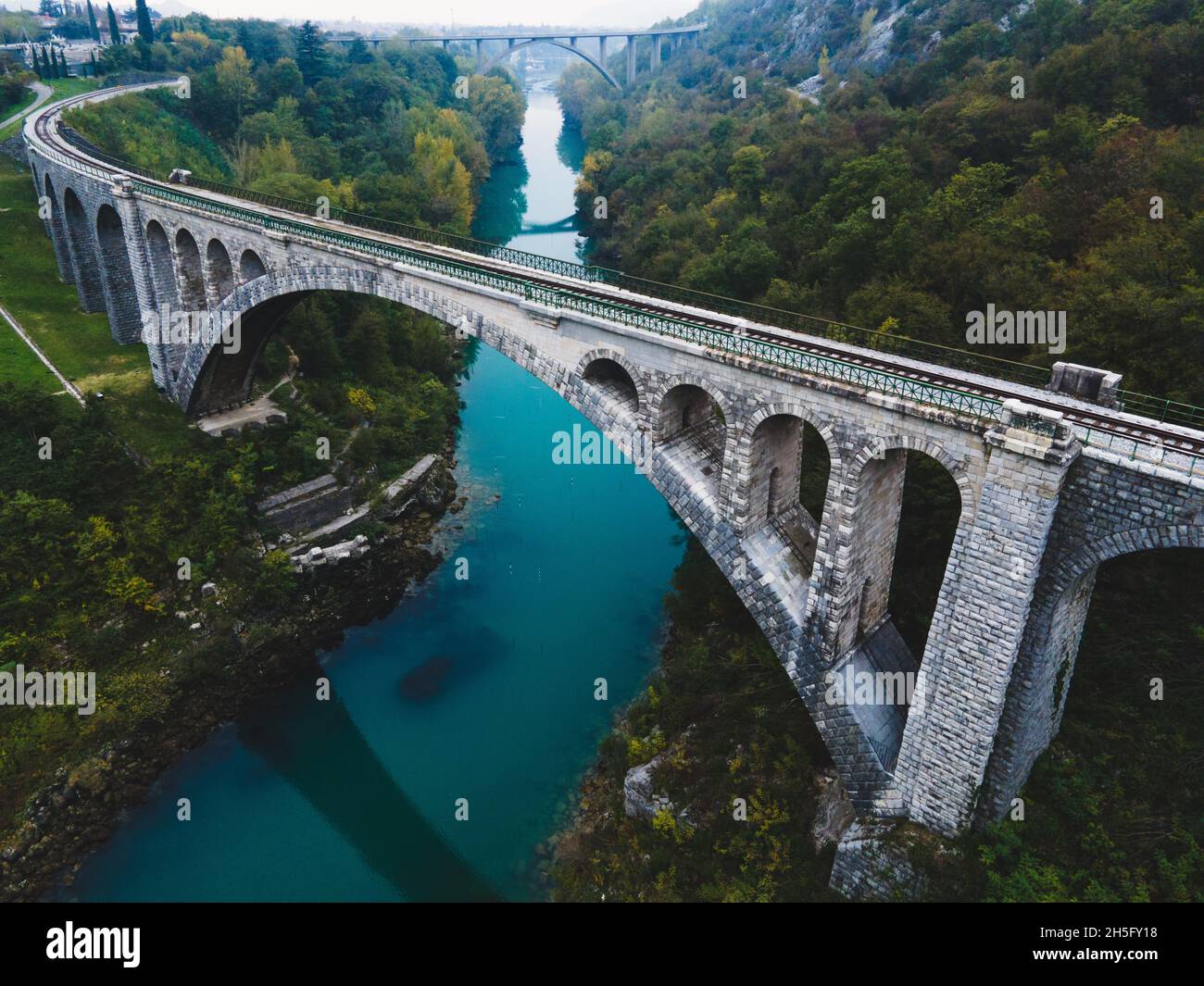 Drone views of Solkan Bridge in Slovenia Stock Photo - Alamy
