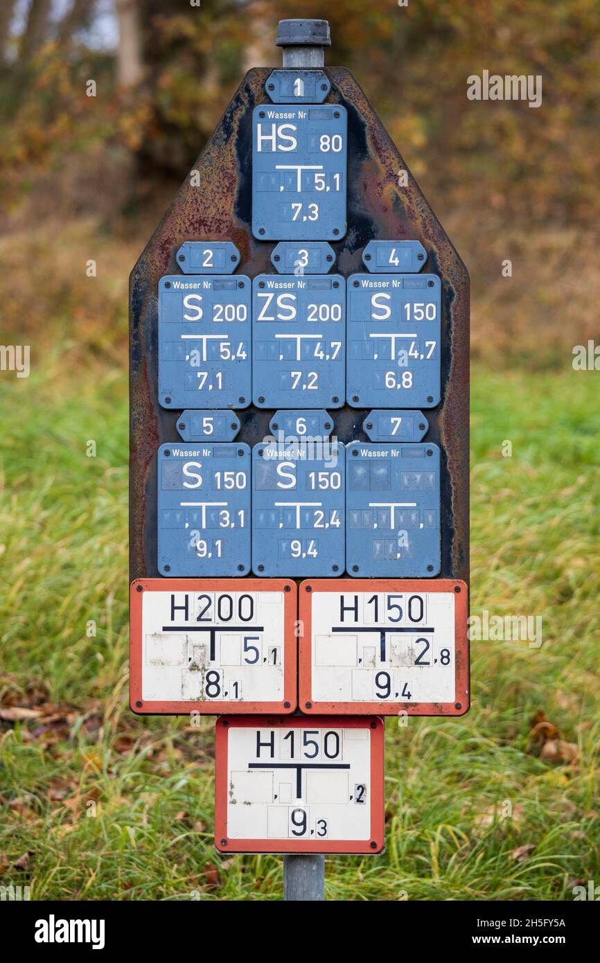 Signs indicating water hydrant and gate valve locations, Essen, Germany ...