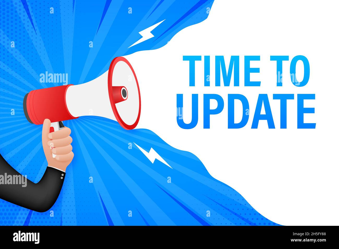 Hand Holding Megaphone with Time to update. Megaphone banner. Web ...