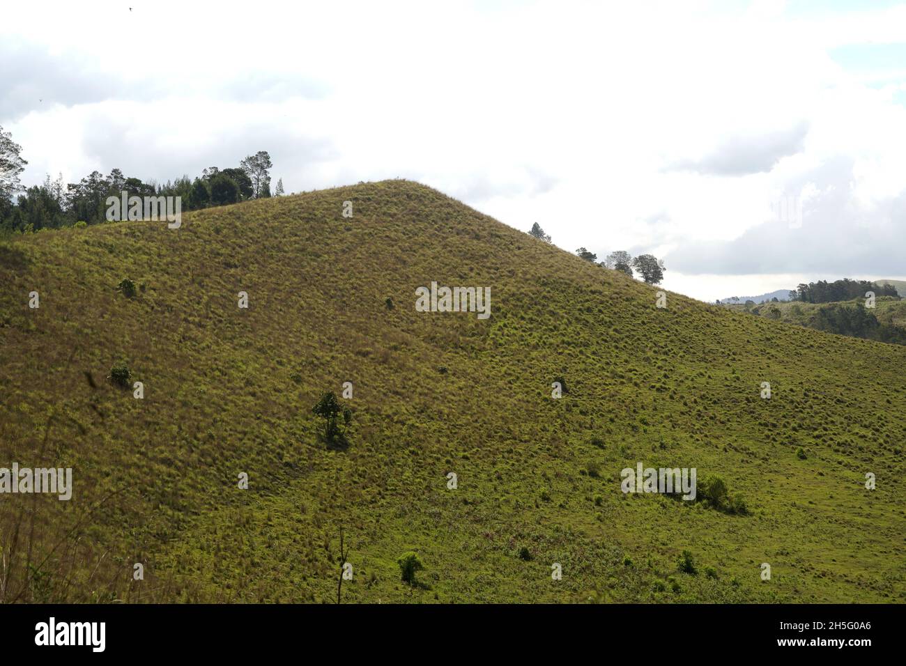 Beautiful view of the wonderful hill with green grass and cloudy sky ...