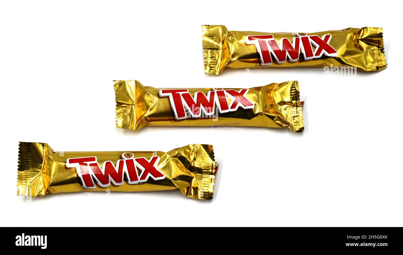 TWIX chocolate bar isolated on white background. Twix is a brand of ...