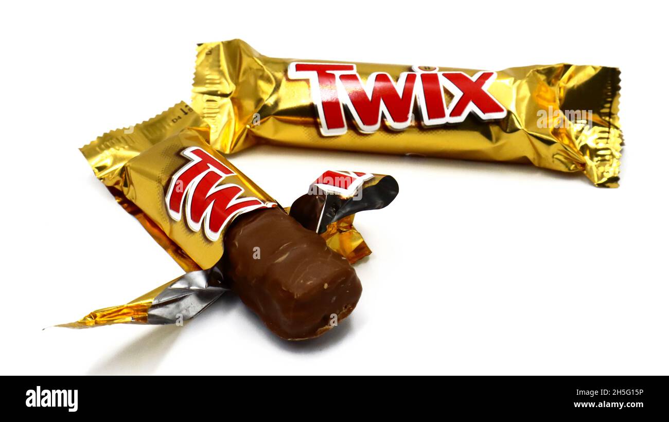 TWIX chocolate bar isolated on white background. Twix is a brand of ...
