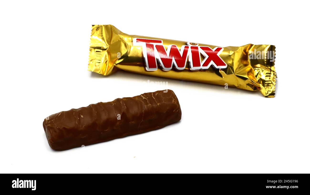 TWIX chocolate bar isolated on white background. Twix is a brand of ...