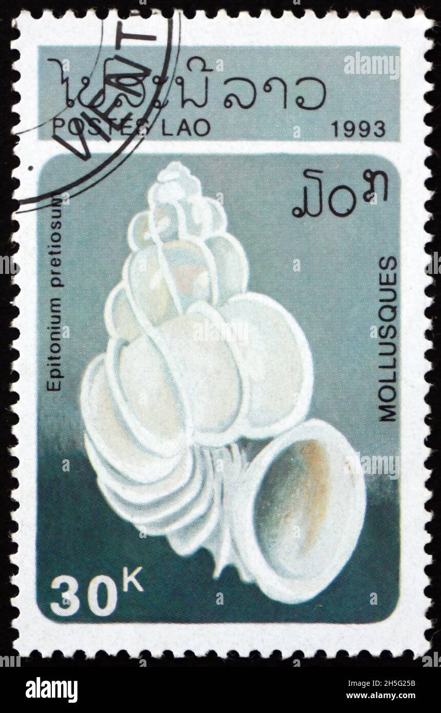 LAOS - CIRCA 1993: a stamp printed in Laos shows epitonium pretiosum ...