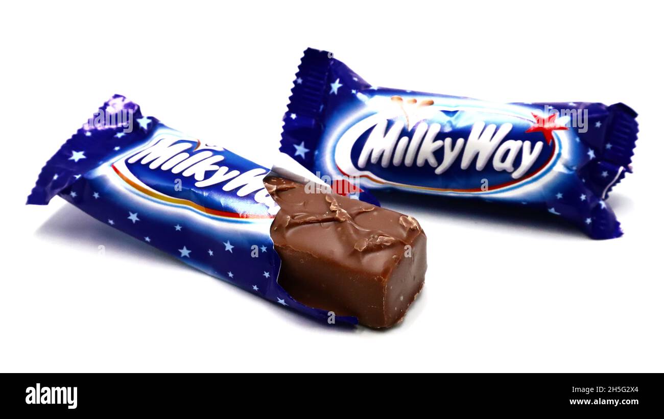 MILKY WAY chocolate bar isolated on white background. Milky Way is a ...