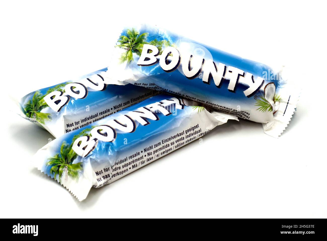 BOUNTY chocolate bar isolated on white background. Bounty is a brand of ...