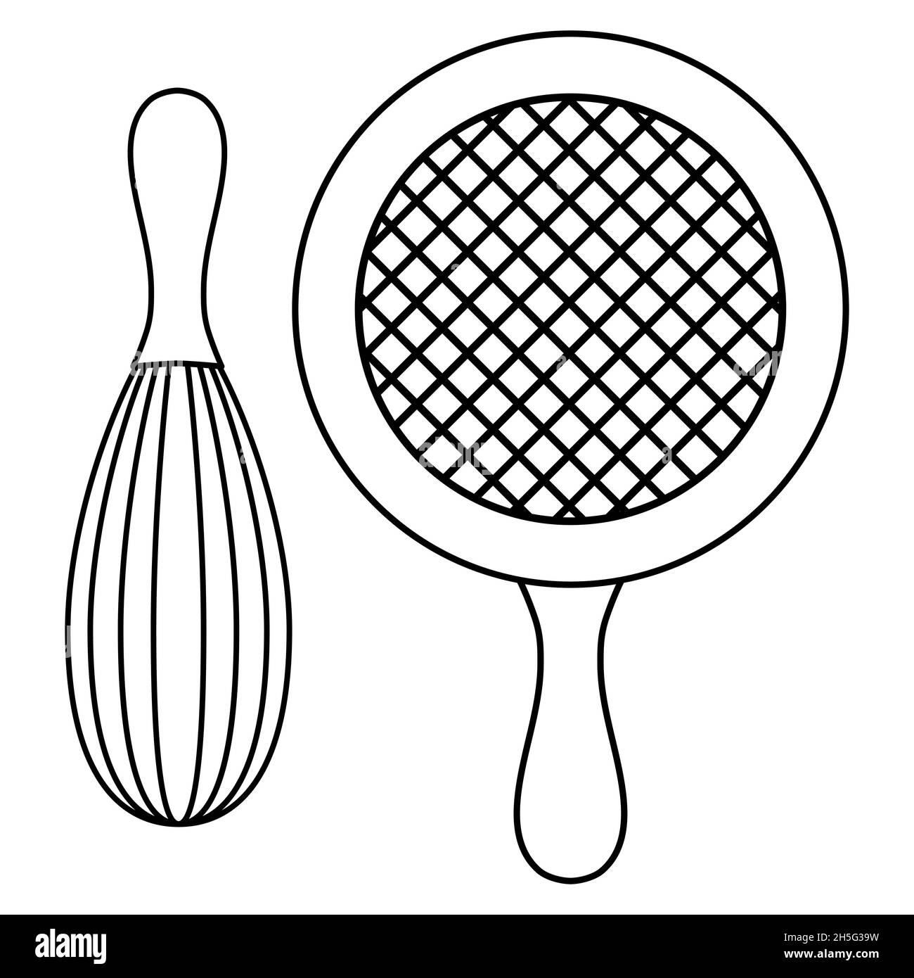 Kitchen tools set of sieve and whisk, set for baking outline simple ...