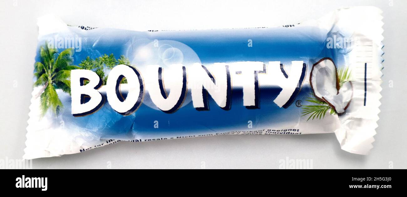 BOUNTY chocolate bar isolated on white background. Bounty is a brand of ...