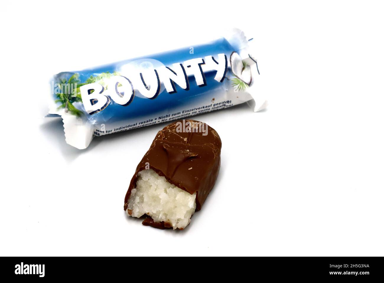 BOUNTY chocolate bar isolated on white background. Bounty is a brand of ...