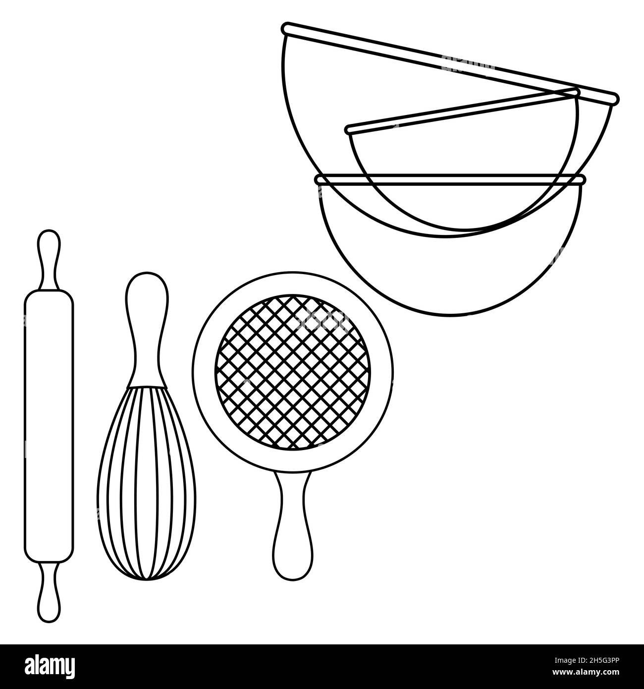 Kitchen tools set of three glass bowls, whisk, sieve and rolling pin ...