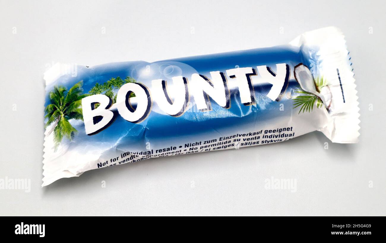 BOUNTY chocolate bar isolated on white background. Bounty is a brand of ...