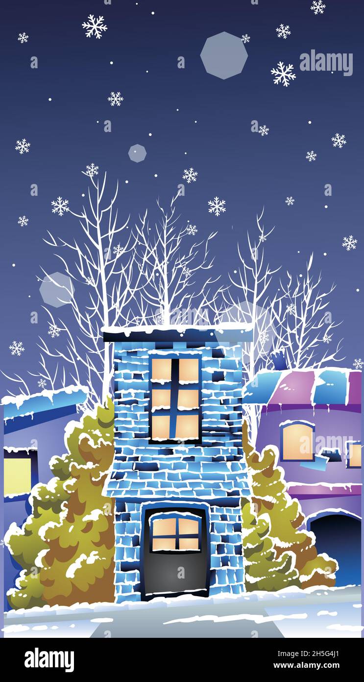 Illustration of a winter landscape with snow on a retro building Stock ...