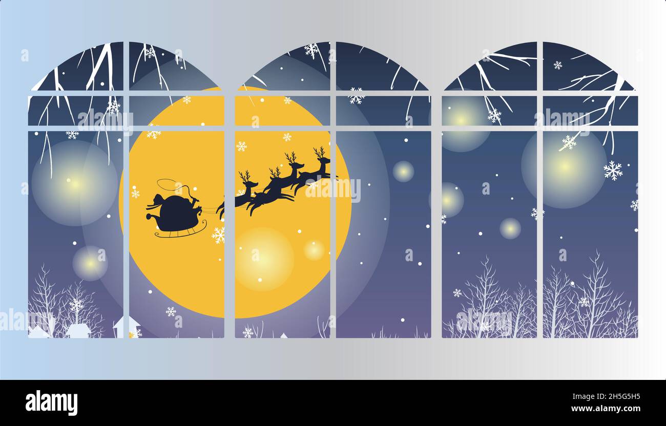 Rudolph and Santa's sleigh flying over the round full moon outside the window on a winter night ...
