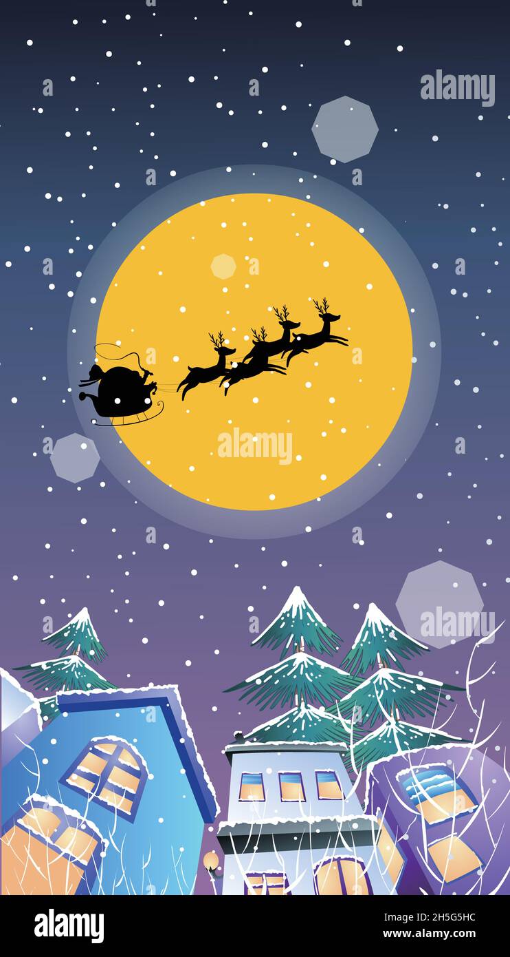 Little town, Santa's sleigh flying over the blue night sky Stock Vector Image & Art - Alamy