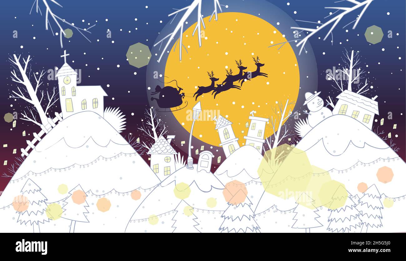 Village with blue winter background, Rudolph and Santa's sleigh flying over it Stock Vector ...
