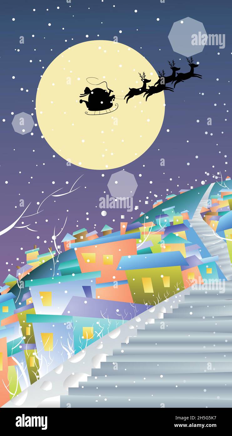 Santa's sleigh flying over the high moon village with stairs Stock Vector Image & Art - Alamy