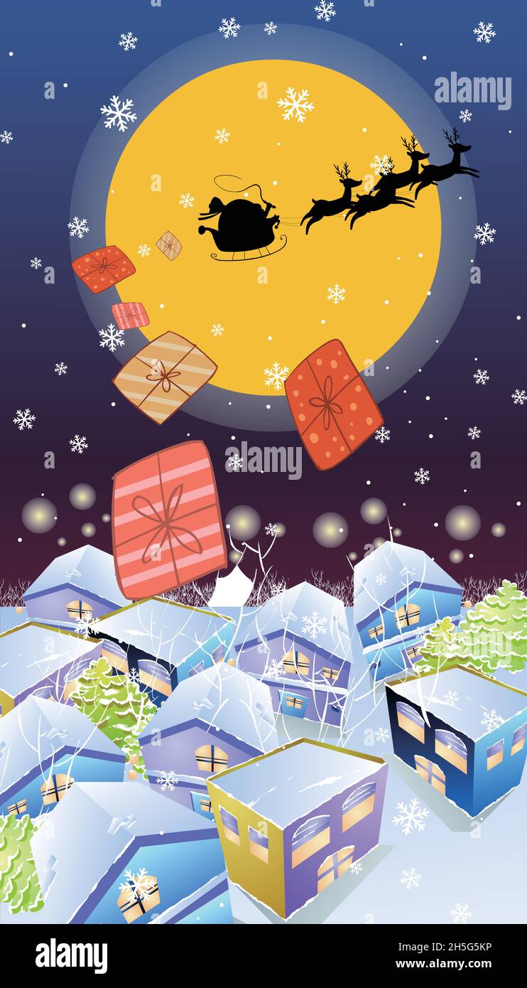 Santa's sleigh dropping gift boxes over a small town Stock Vector Image ...