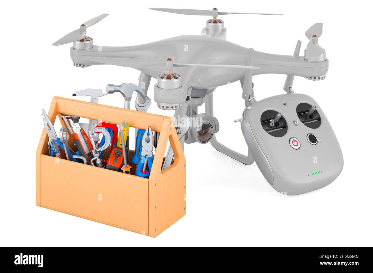 Drone with toolbox. Service and repair of drone. 3D rendering isolated ...
