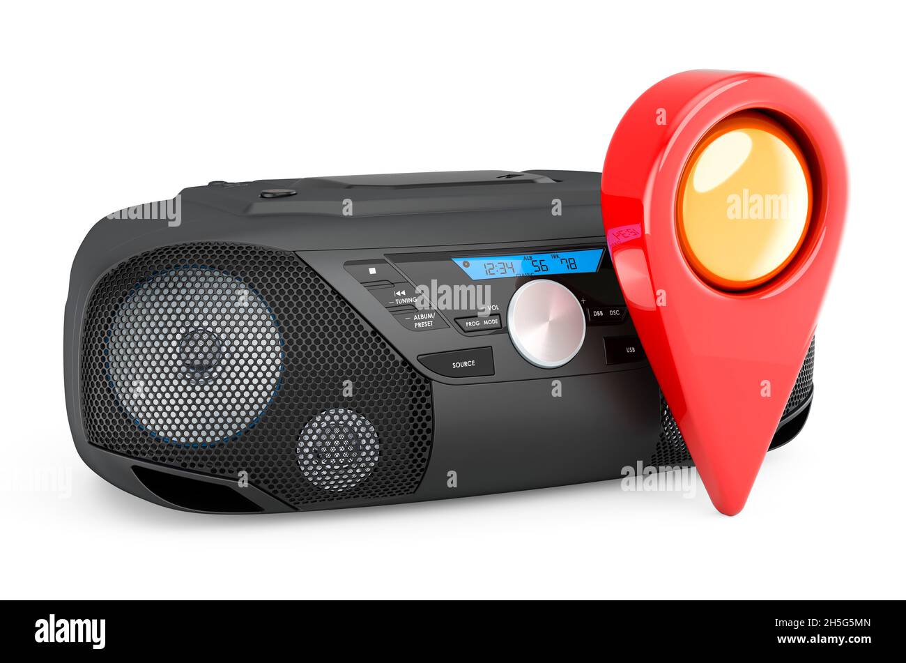 Map pointer with boombox. 3D rendering isolated on white background ...