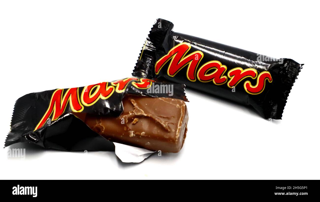 MARS chocolate bar isolated on white background. Mars is a brand of ...