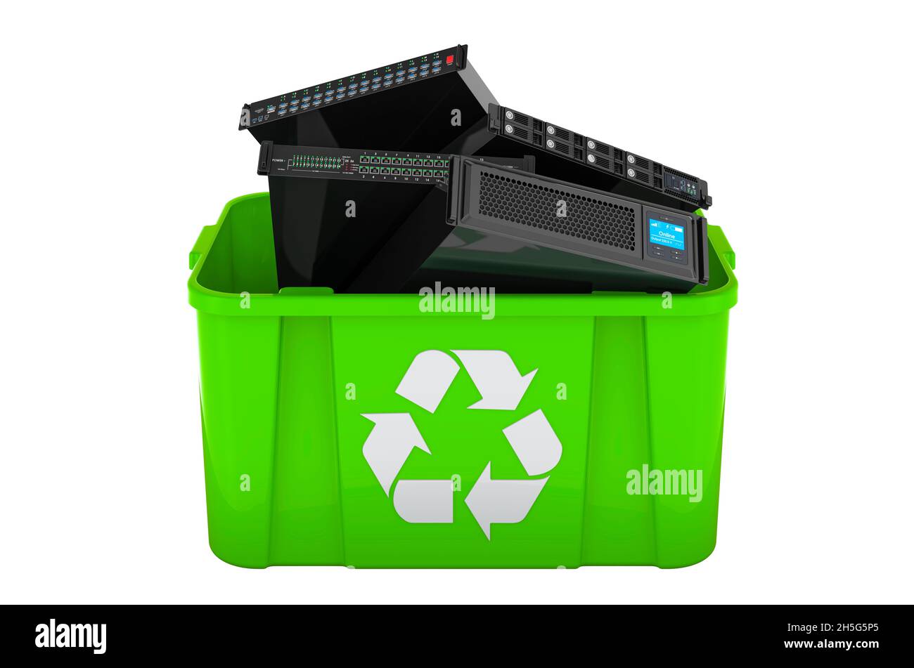Recycling trash can with server equipment. 3D rendering isolated on ...