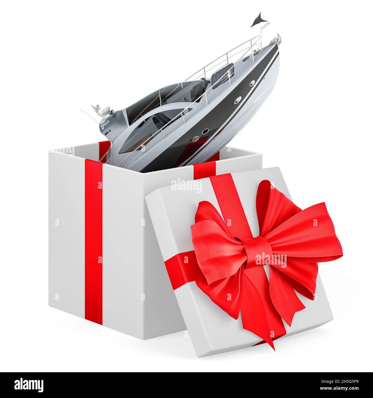 Speedboat inside gift box, present concept. 3D rendering isolated on ...