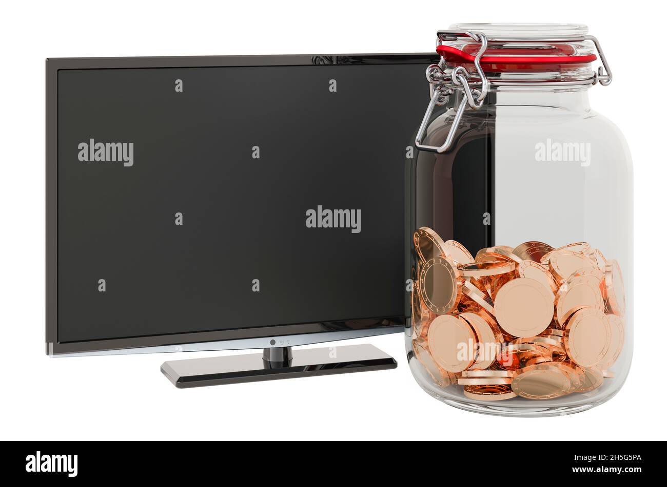 TV set with glass jar full of golden coins, 3D rendering isolated on ...