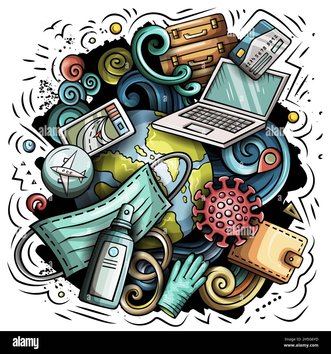 Traveling vector doodles illustration. New normal elements and objects ...