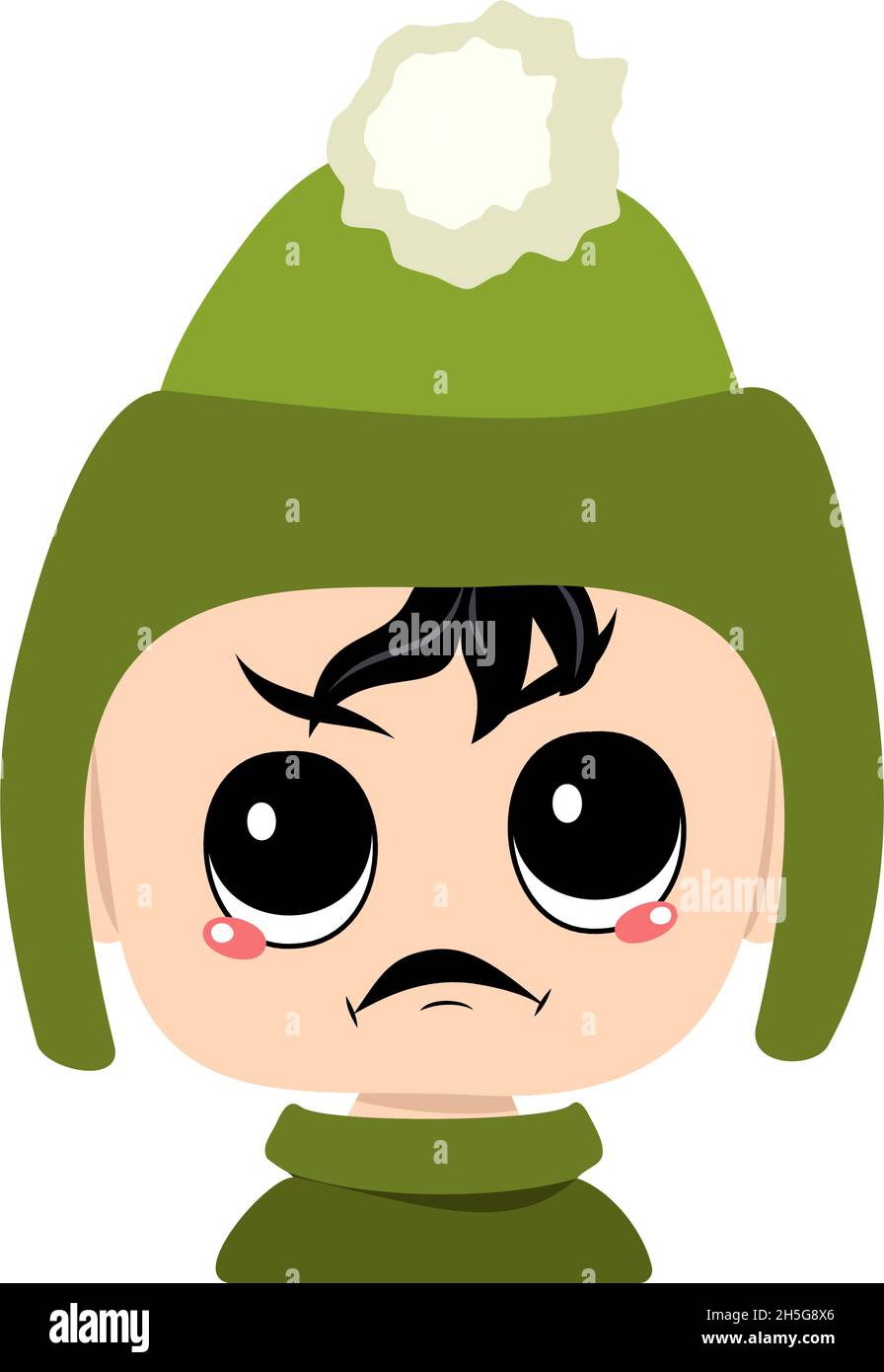 Baby with angry emotions, grumpy face, furious eyes in green hat with ...