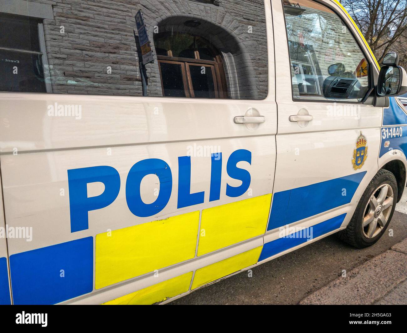Stockholm, Sweden - April 15, 2021: Police van from the side with text ...