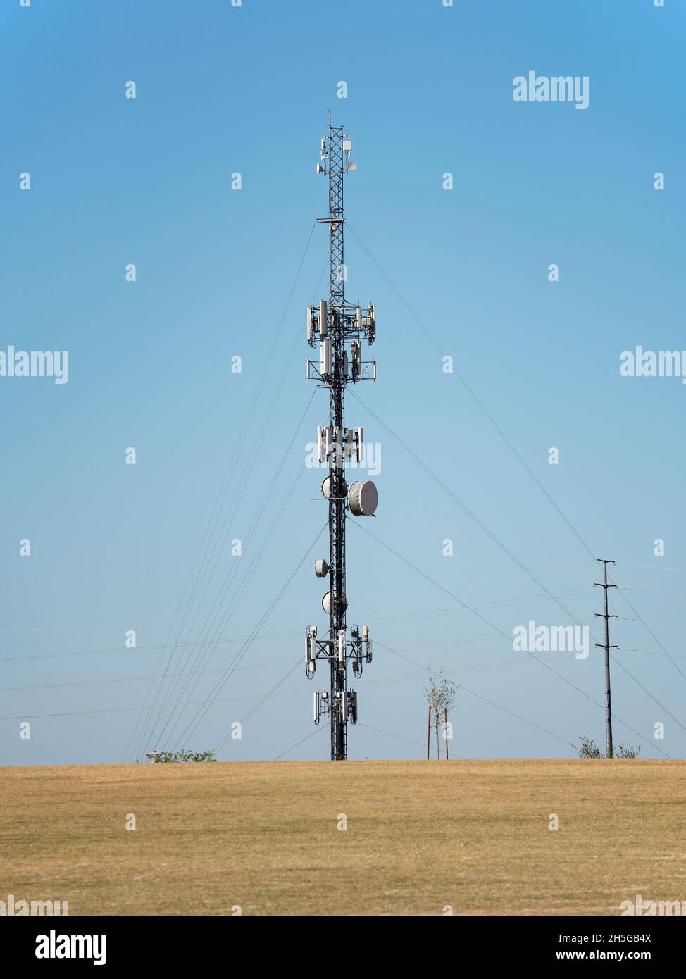 Large telecommunication tower with microwave links and cellular network ...