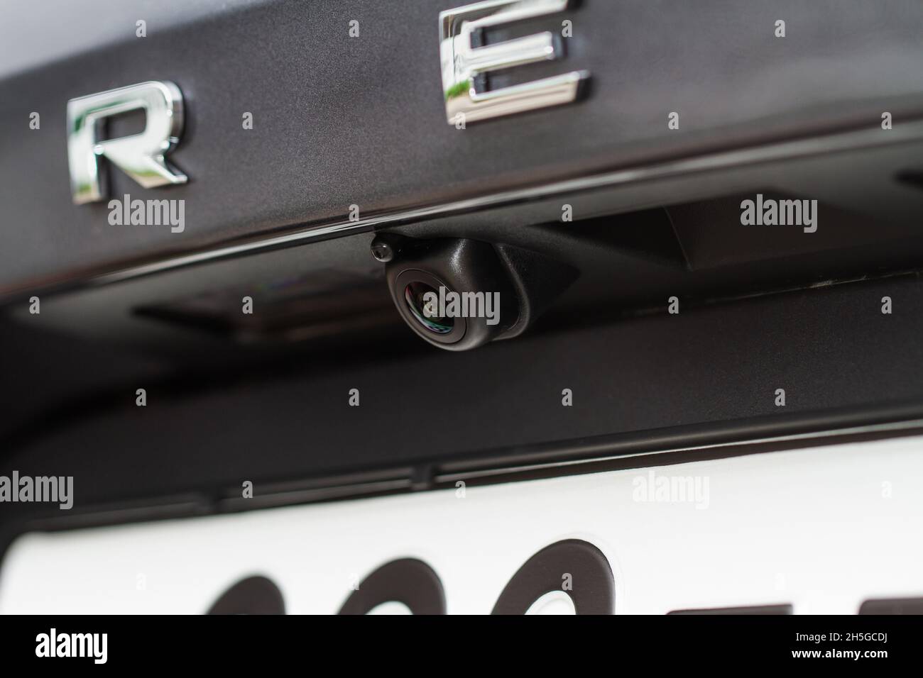Close up view of rear view parking assist video camera on the car ...