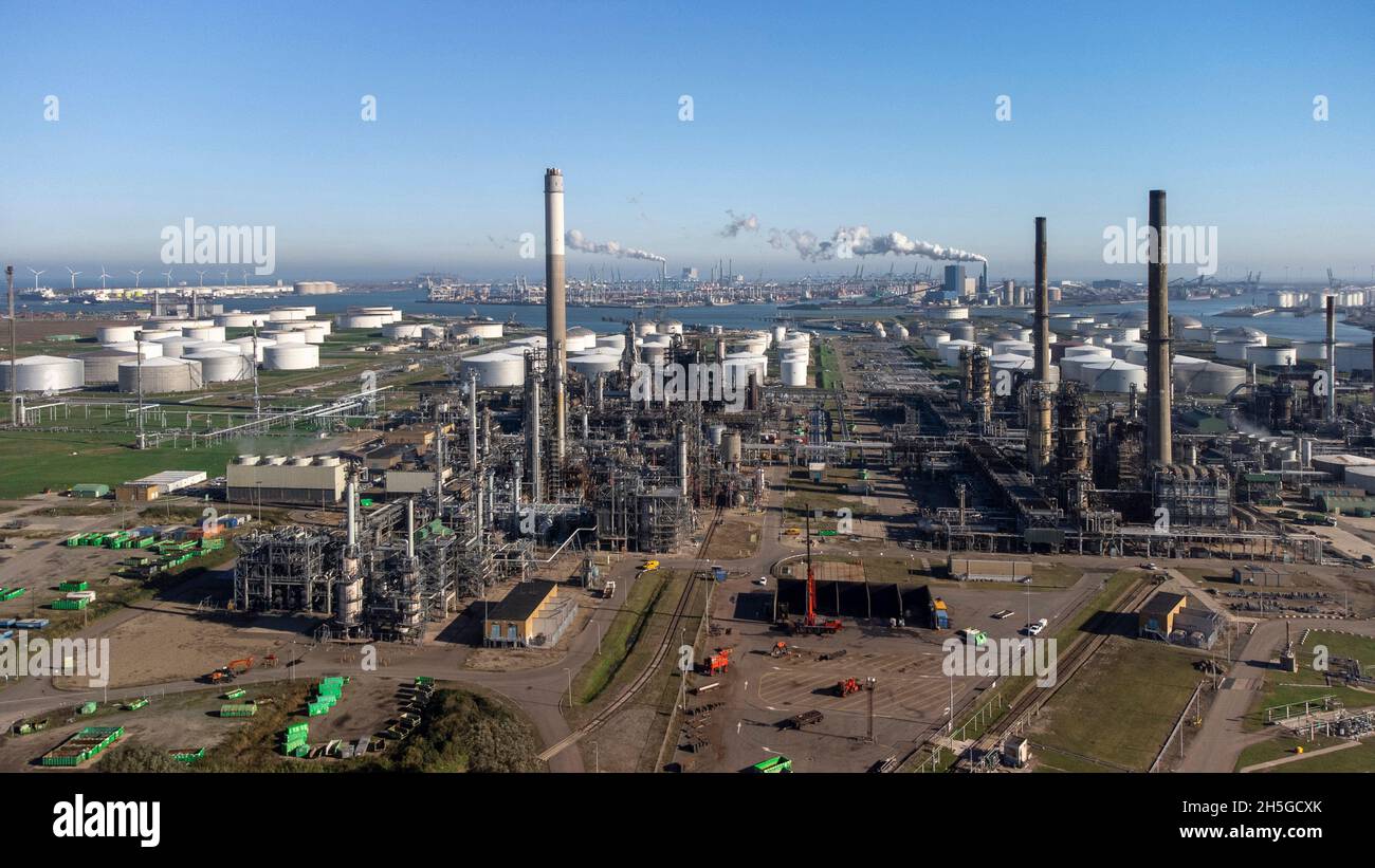 Aerial view of an industrial area with a chemical plant in Rotterdam ...
