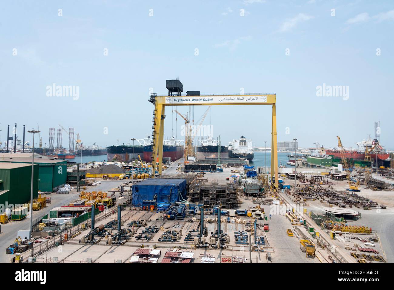 Looking into a drydock shipyard on the Persian Gulf in Dubai, UAE Stock ...