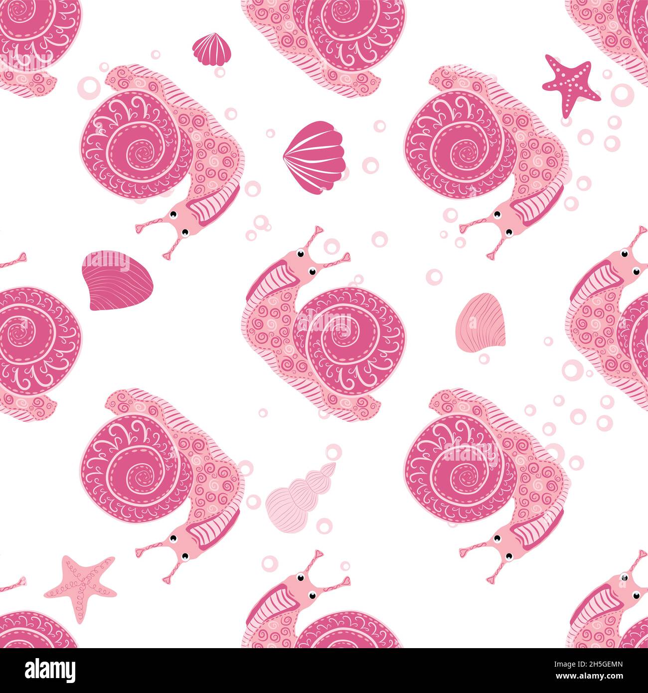 Snail pink, sea inhabitants seamless pattern, beautiful character among ...