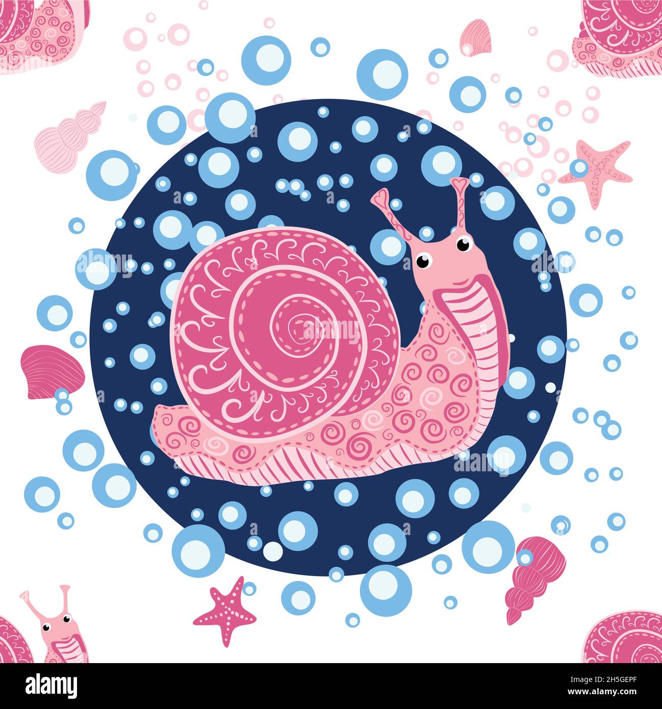 Snail pink, sea inhabitants seamless pattern, beautiful character among ...