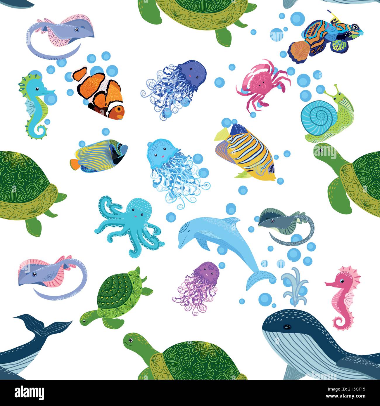 Marine life, fish, animals bright seamless pattern. sea travel ...