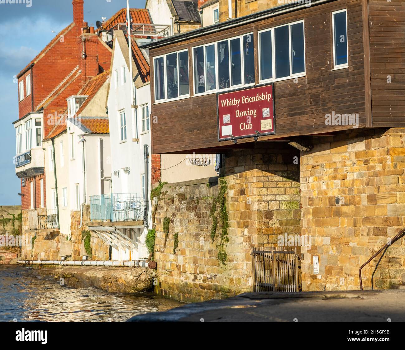 The exterior of Whitby Rowing club located on Fish Pier in the seaside ...