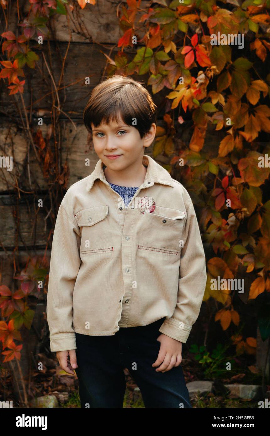 Little boy in Autumn park. Autumnal mood. Smiling kid walking in autumn ...