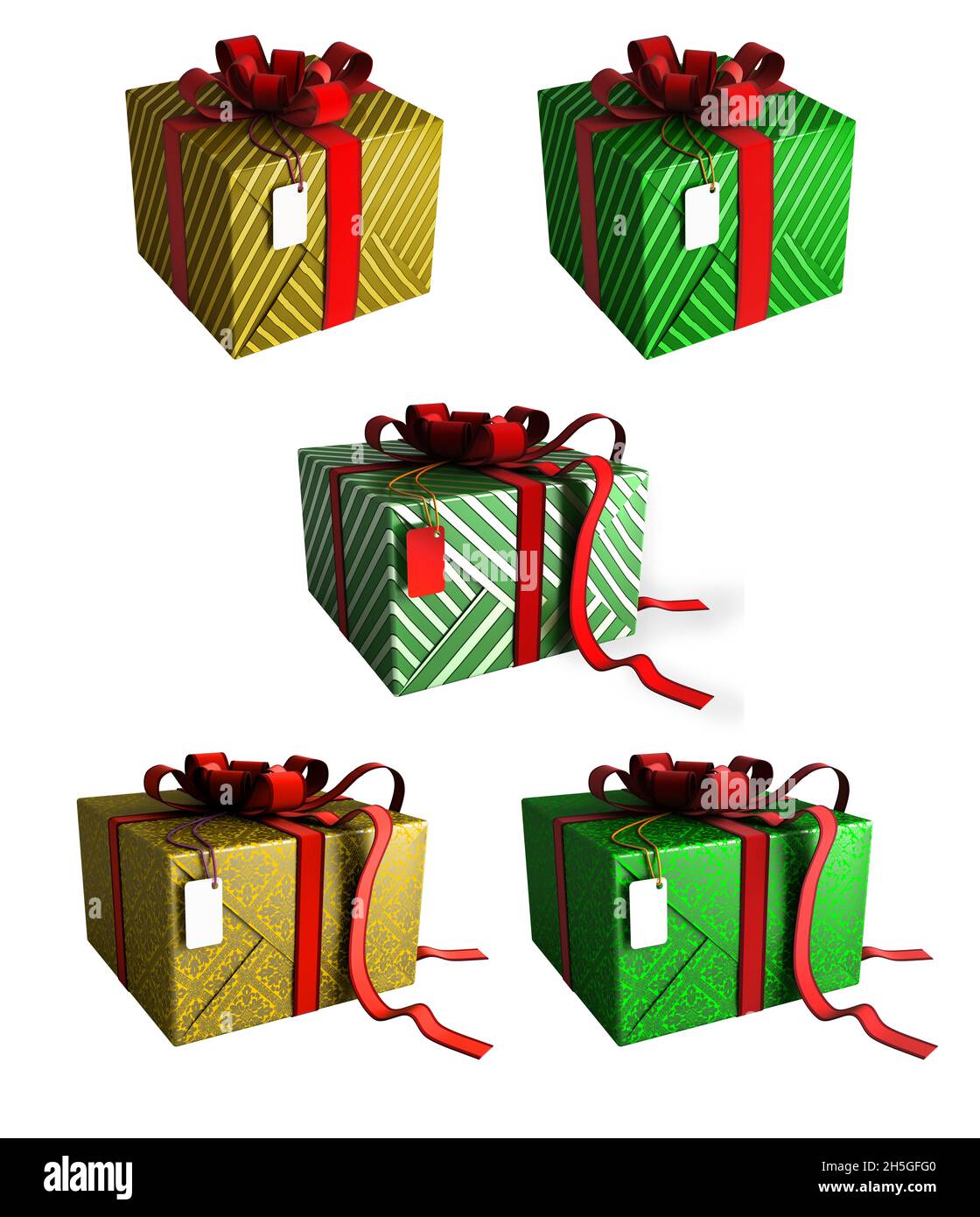 Christmas box collage with gold and green wrappings, red ribbons and ...