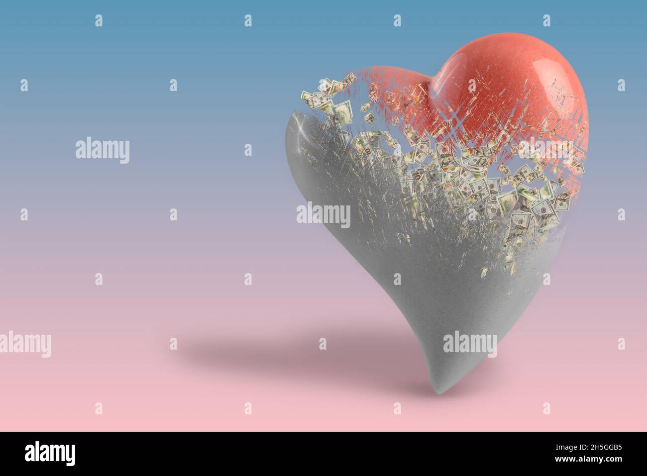 Love money. The heart symbol is divided into two parts. The empty heart ...