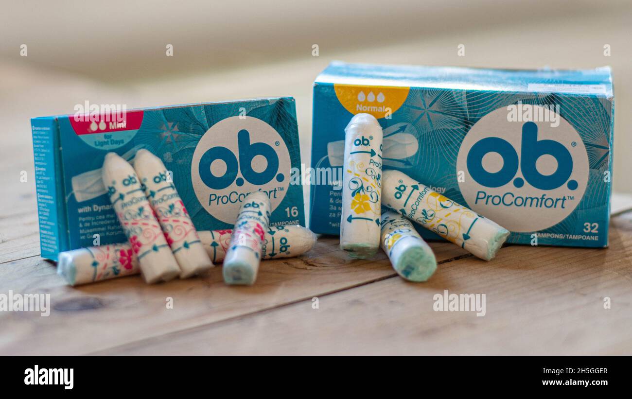 Cluj Napoca, Romania - jun 10, 2021: Packages of O.B. tampons, a global ...