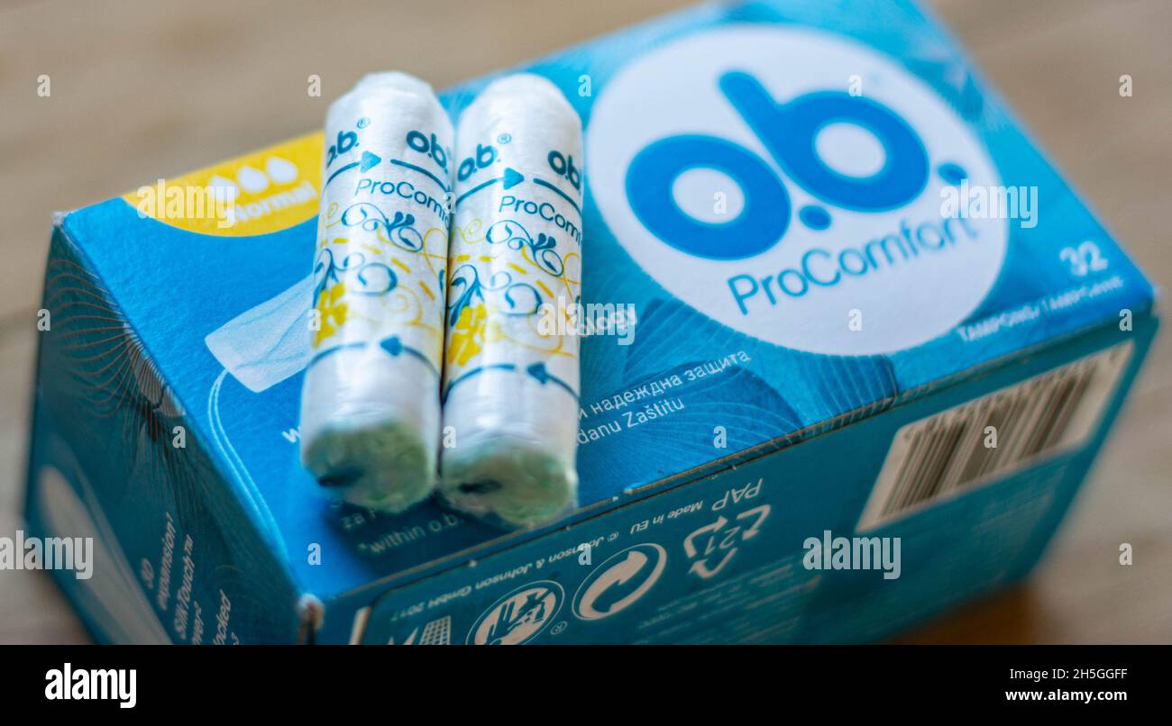 Cluj Napoca, Romania - jun 10, 2021: Packages of O.B. tampons, a global ...