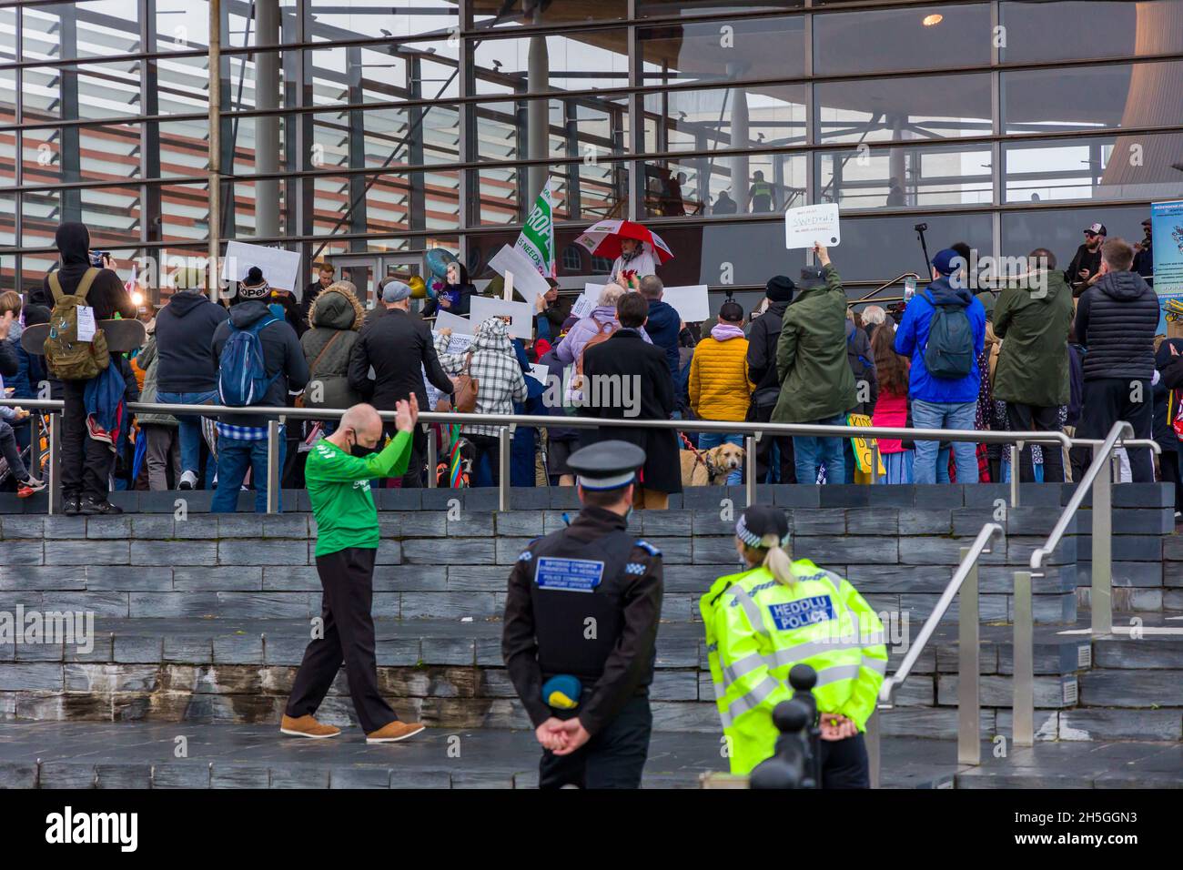 CARDIFF, WALES - NOVEMBER 09 2021: Protesters gather on the steps of ...