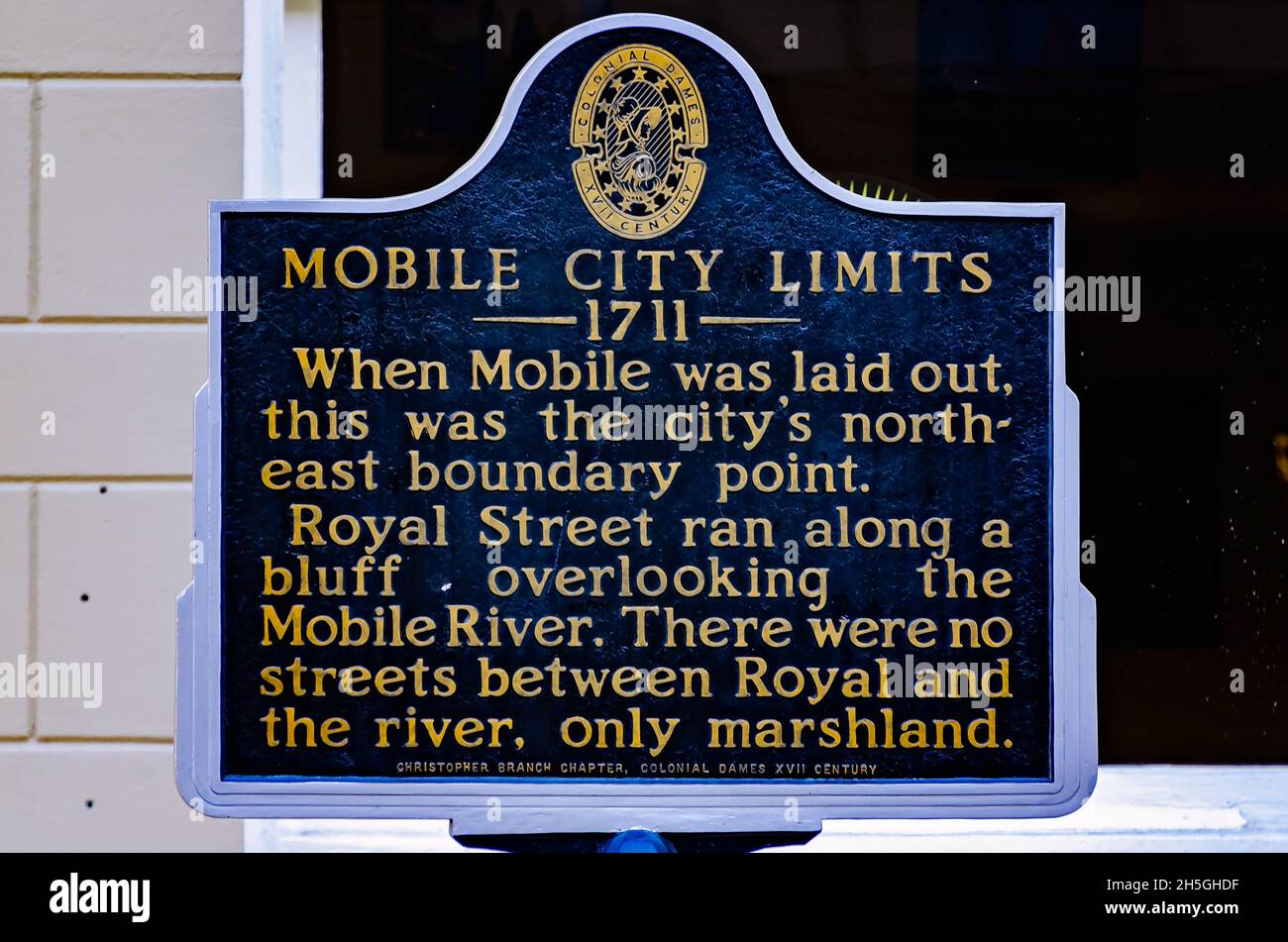 A historic marker denotes the Mobile city limits in 1711 on Royal ...